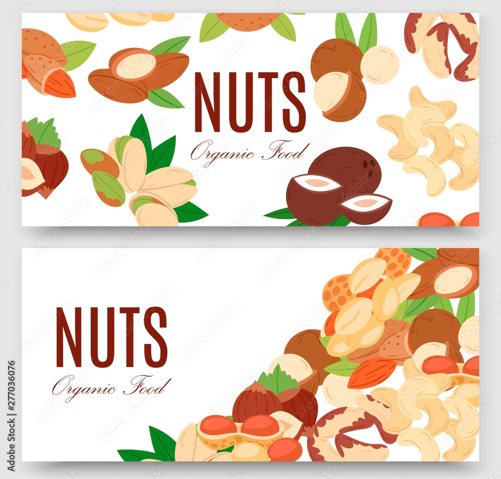 Nuts collection flat cartoon set of banners vector illustration. Peanut ...