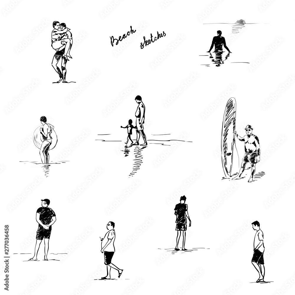 set of sketches of people on the beach, drawings of people in different ...