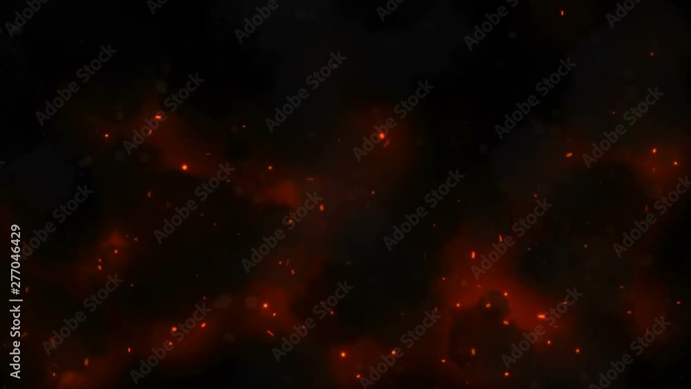 Burning red hot sparks rise from large fire in the night sky. Beautiful ...