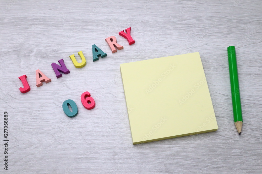 January 6 - Daily colorful Calendar with Block Notes and Pencil on wood ...