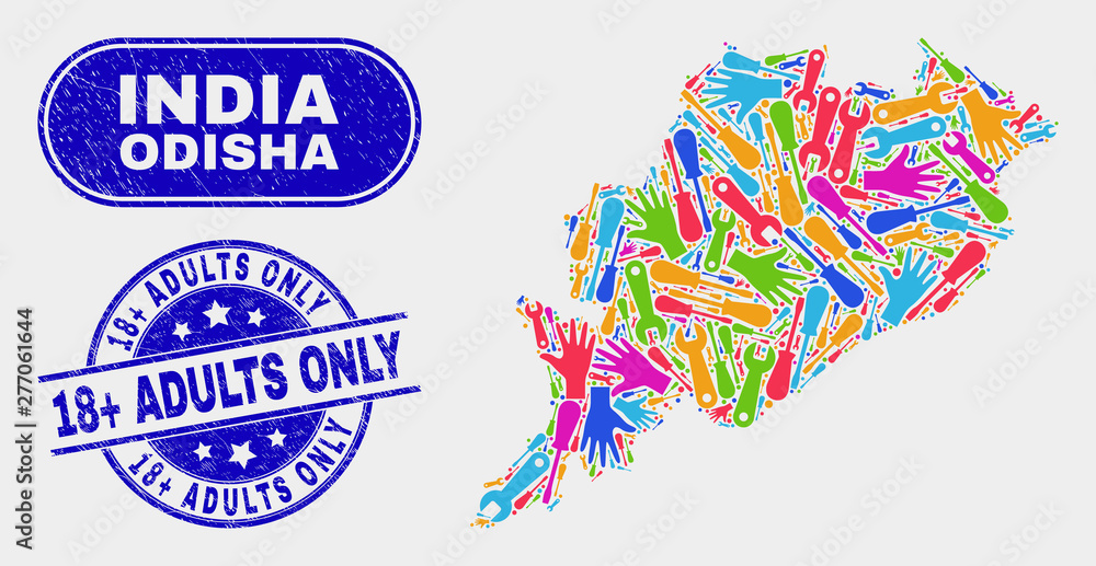 Tools Odisha State map and blue 18+ Adults Only scratched seal stamp ...