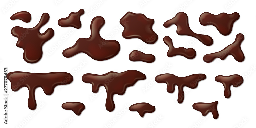 Realistic melted chocolate. Liquid drips and splashes of dark brown ...