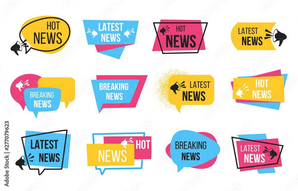 News badge. Promotion stickers with megaphone and text bulb, breaking ...