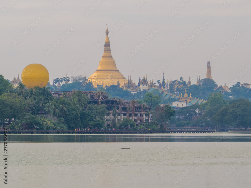 Shwedagon Pagoda and the Mingalarbar Hot Air Balloon in Yangon, Myanmar ...