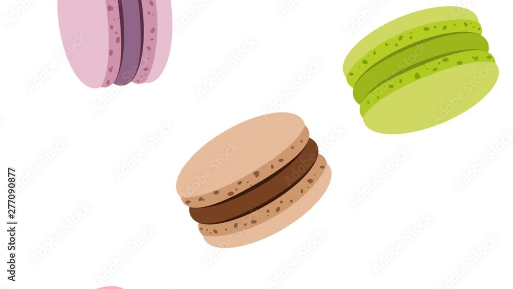Falling different types of macaroons over white screen background ...