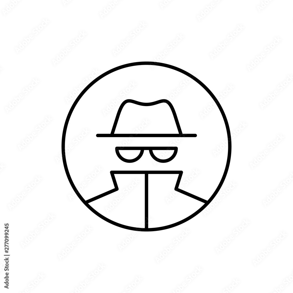 Vector outline anonymous icon. An incognito person in hat and glasses ...