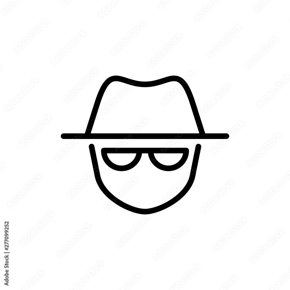 Vector outline anonymous icon. An incognito face in hat and glasses ...