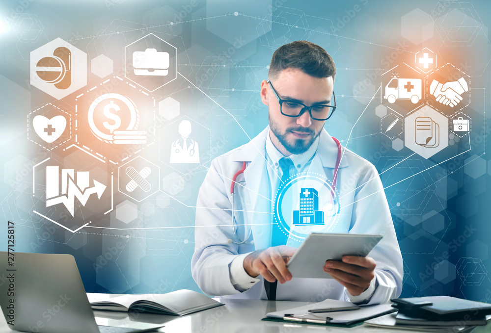 Health Insurance Concept - Doctor in hospital with health insurance ...