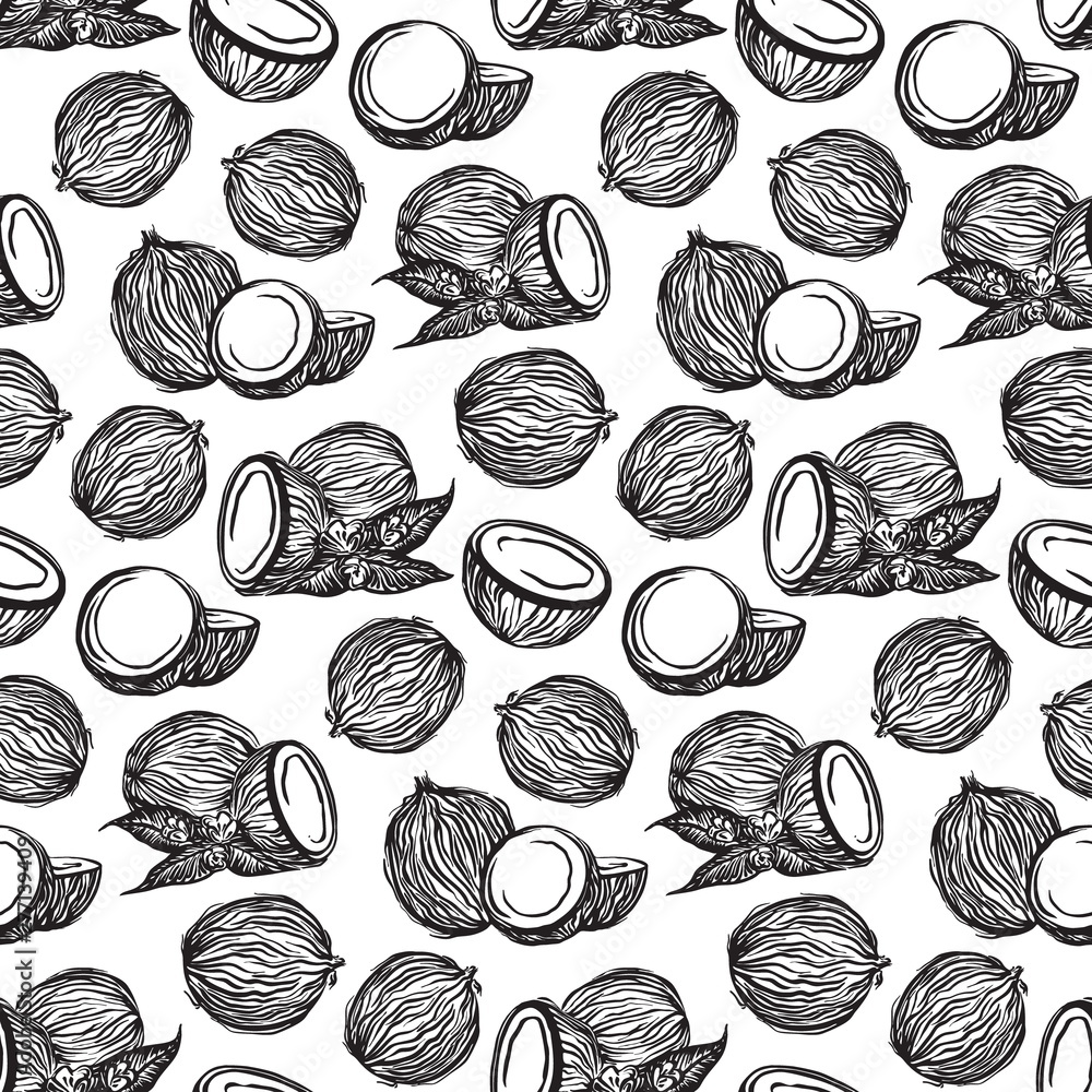 Black sketch coconuts outline seamless pattern. Vector drawing coco ...