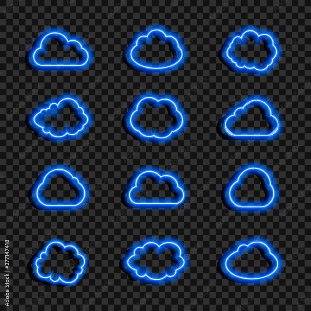 Vector Glowing Neon Blue Clouds Set Isolated on Dark Transparent ...