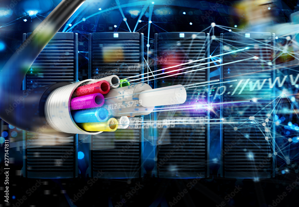 Internet connection with the fiber optic cables. Concept of fast server ...