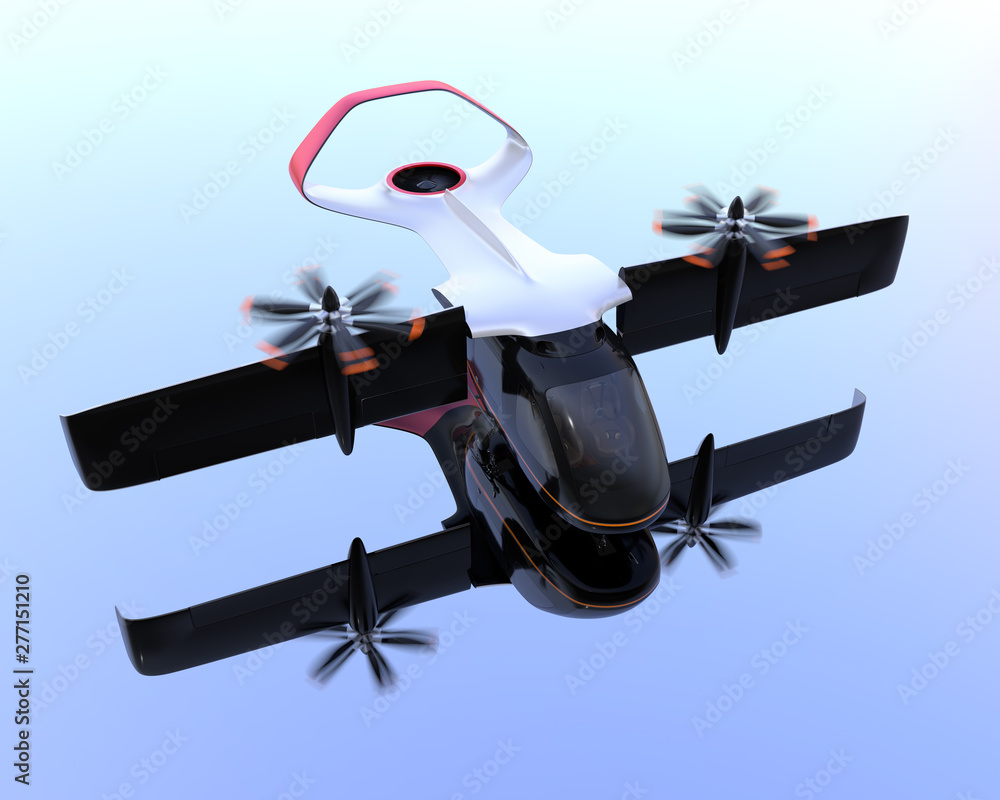 E-VTOL passenger aircraft preparing to takeoff. Mirror reflection on ...