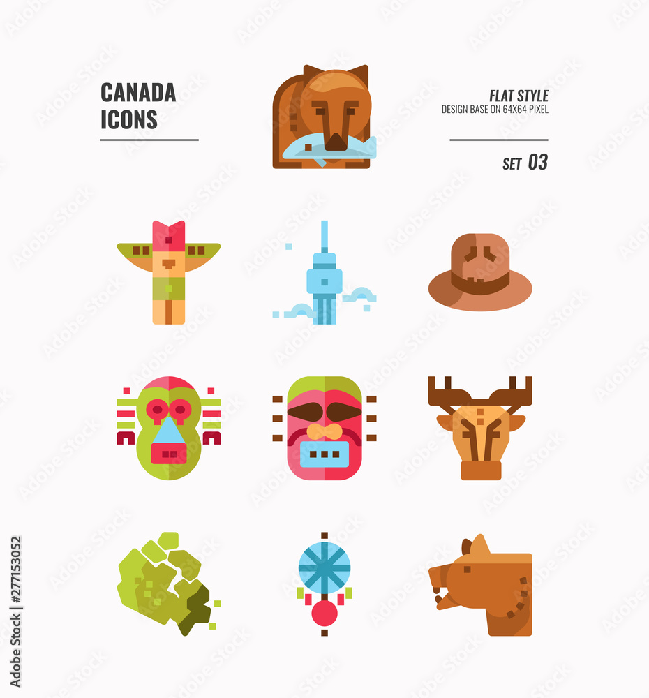 Canada icon set 3. Include Canada map, aboriginal, bear and more. Flat ...