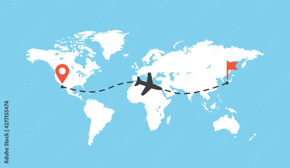 Worldmap with airplane trace vector illustration. Aircraft track path ...