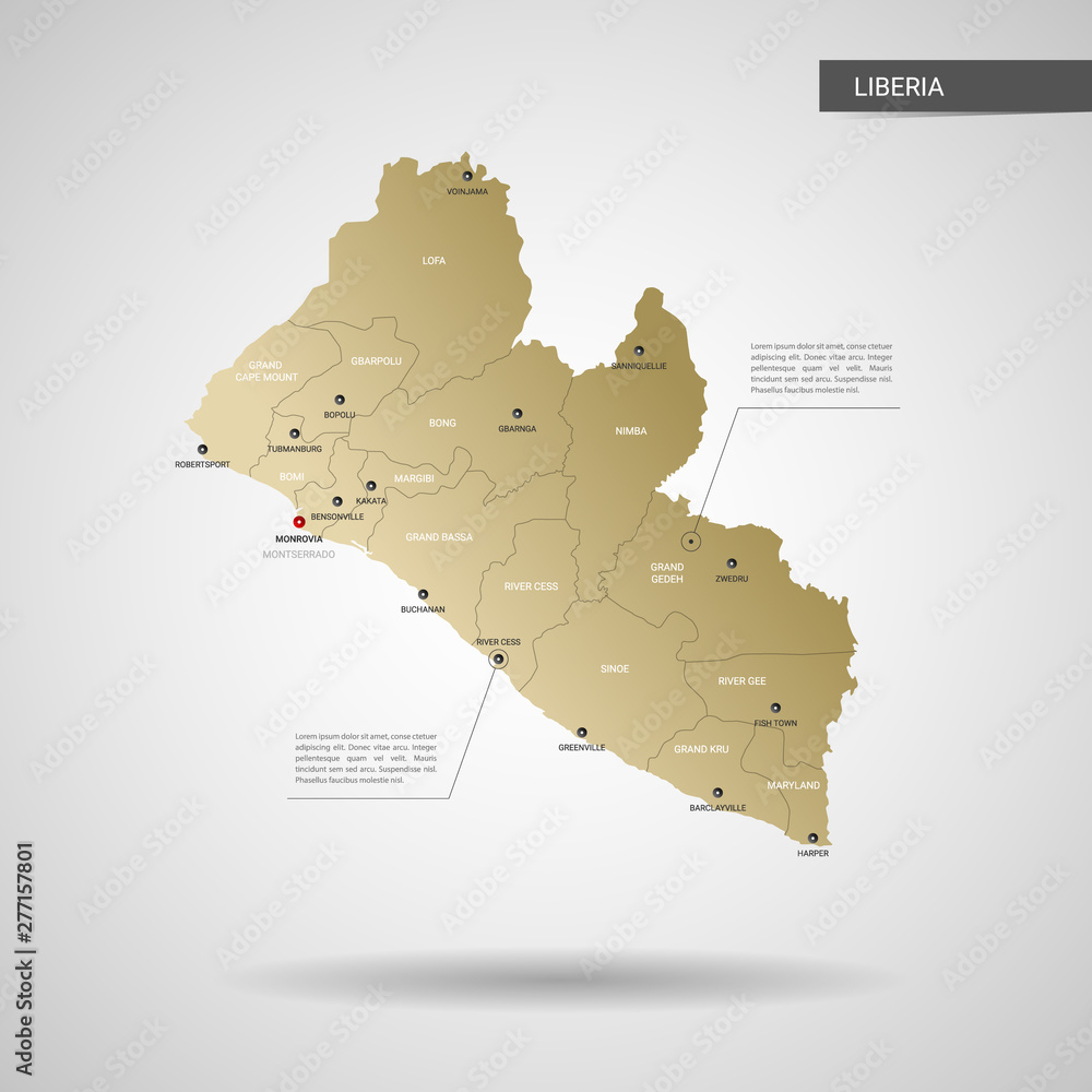 Stylized vector Liberia map. Infographic 3d gold map illustration with ...