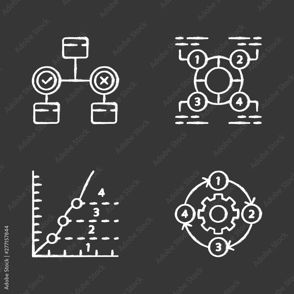 Diagram concepts chalk icons set. Decision, explanatory, phase, process ...