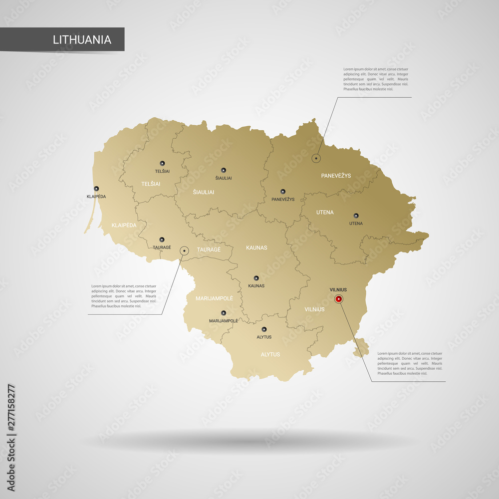 Stylized vector Lithuania map. Infographic 3d gold map illustration ...