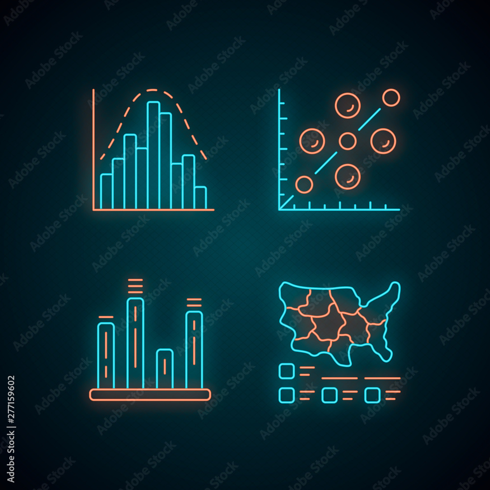 Diagrams neon light icons set. Histogram, bar graph, scatter plot, cartogram. Statistics data ...