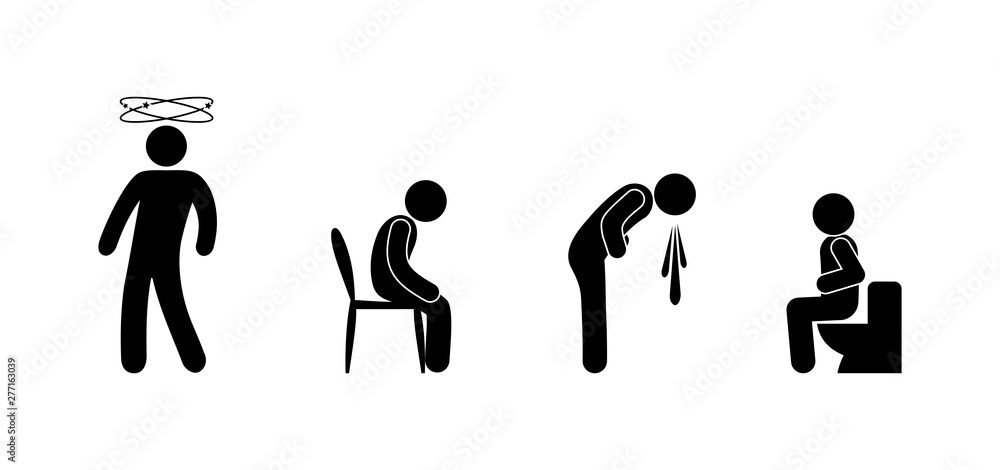 symptoms of disease, isolated icons, stick figure human silhouette, pictogram people nausea ...
