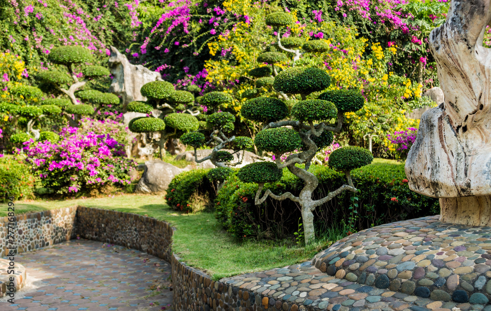 Luxury landscape design of the tropical garden. Beautiful view of ...