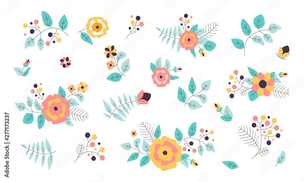 Vector floral set. Colorful floral collection with isolated leafs and ...
