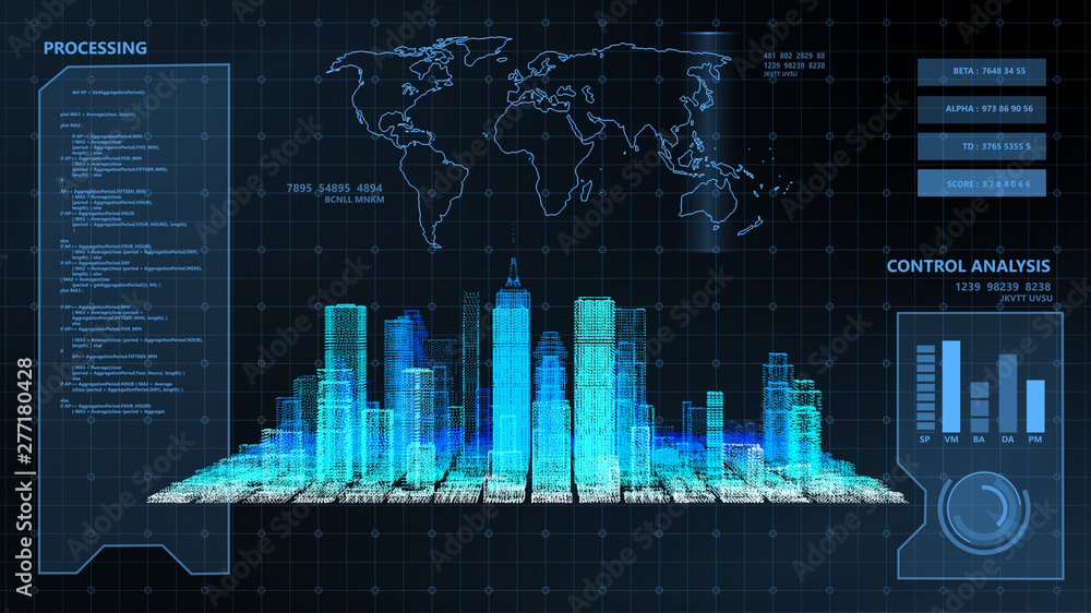 Fototapeta HUD digital Screen monitor display smart city analyze ... Fototapeta HUD digital Screen monitor display smart city analyze ...