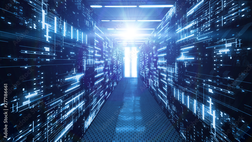 3D Rendering of data center room with abstract data servers and glowing led indicators, abstract ...