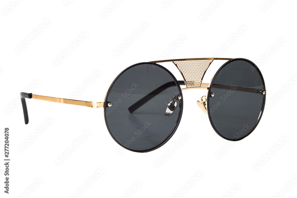 Black round sunglasses with thin grid shape golden frame, Side View ...