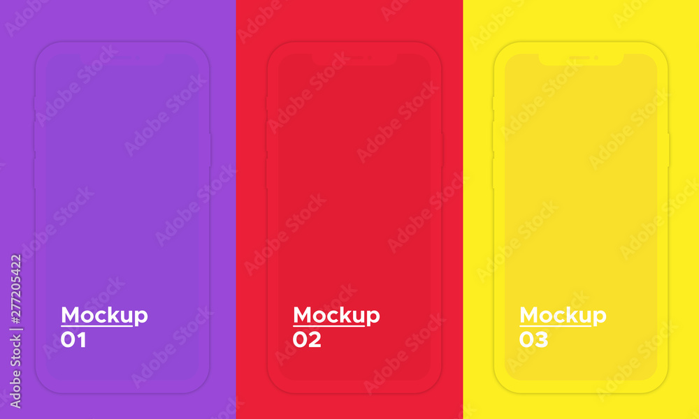 Smartphone mobile 3 color mockup blank screen isolated on background ...