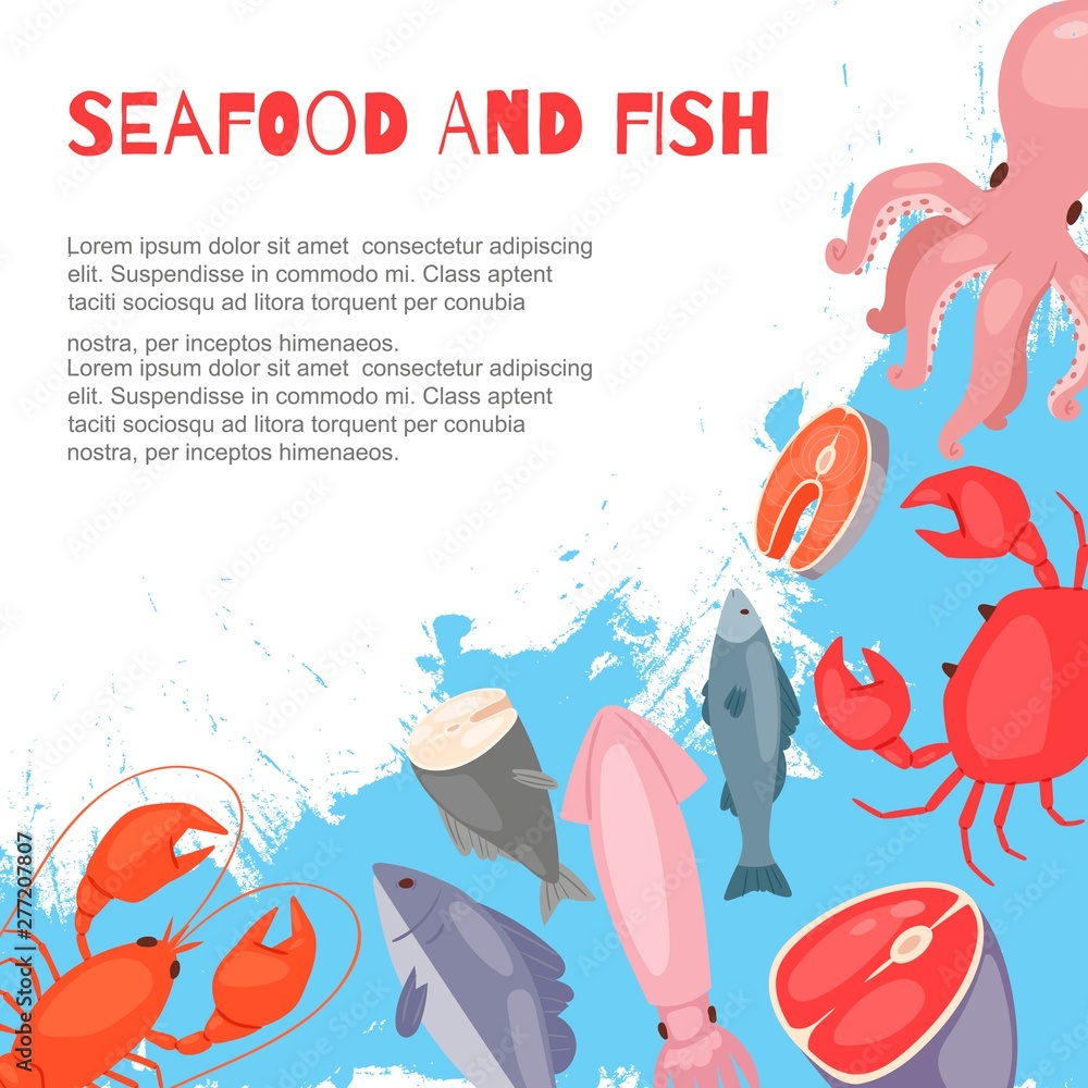 Seafood and fish flat cartoon banner vector illustration. Fish salmon ...