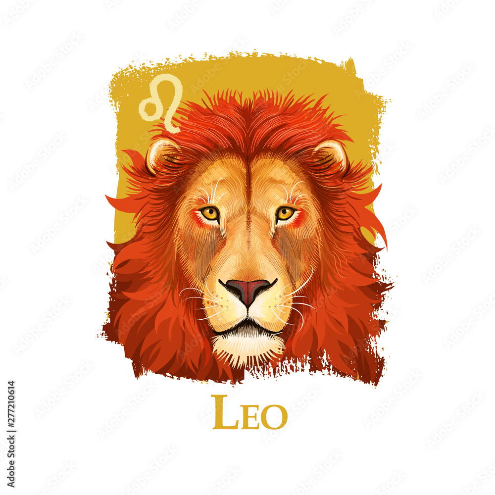 Creative digital illustration of astrological sign Leo. Fifth of twelve ...
