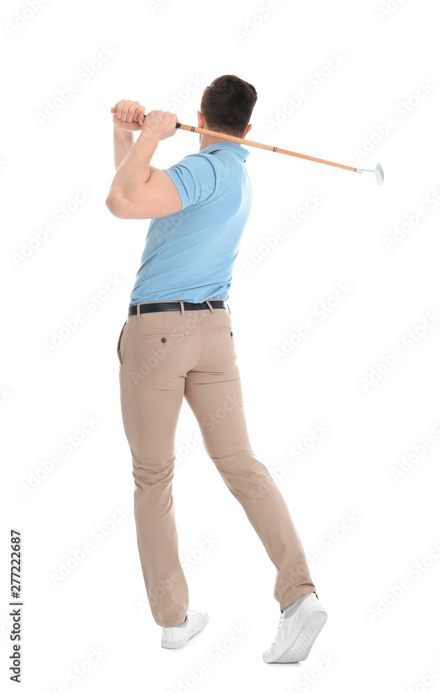 Back view of man with golf club isolated on white Stock Photo | Adobe Stock