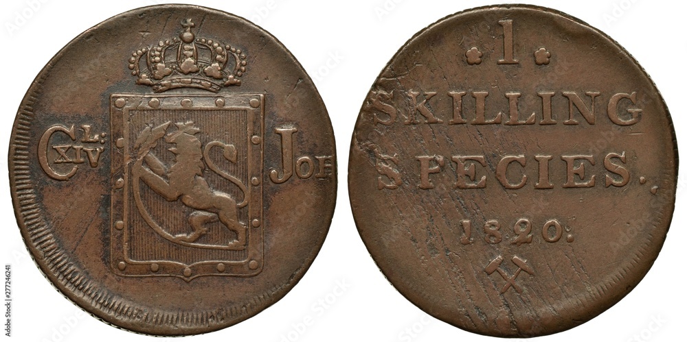Sweden Swedish copper coin 1 one skilling species 1820, ruler Karl XIV ...