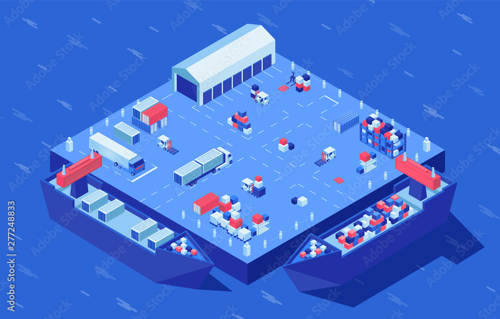 Container yard isometric vector illustration. Freight transport ...