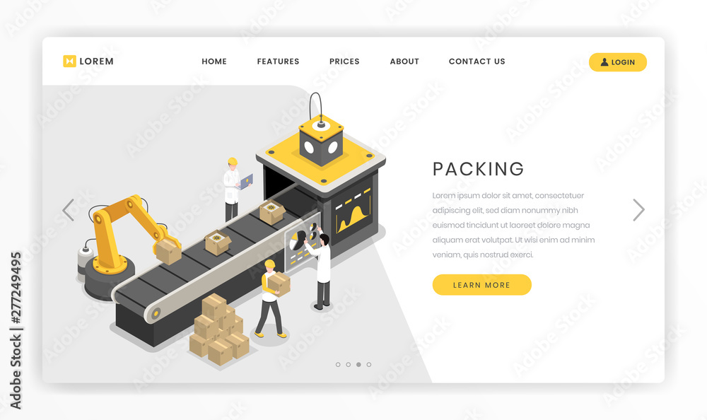 Packing industrial, assembly stage landing page. Programmed robotic ...