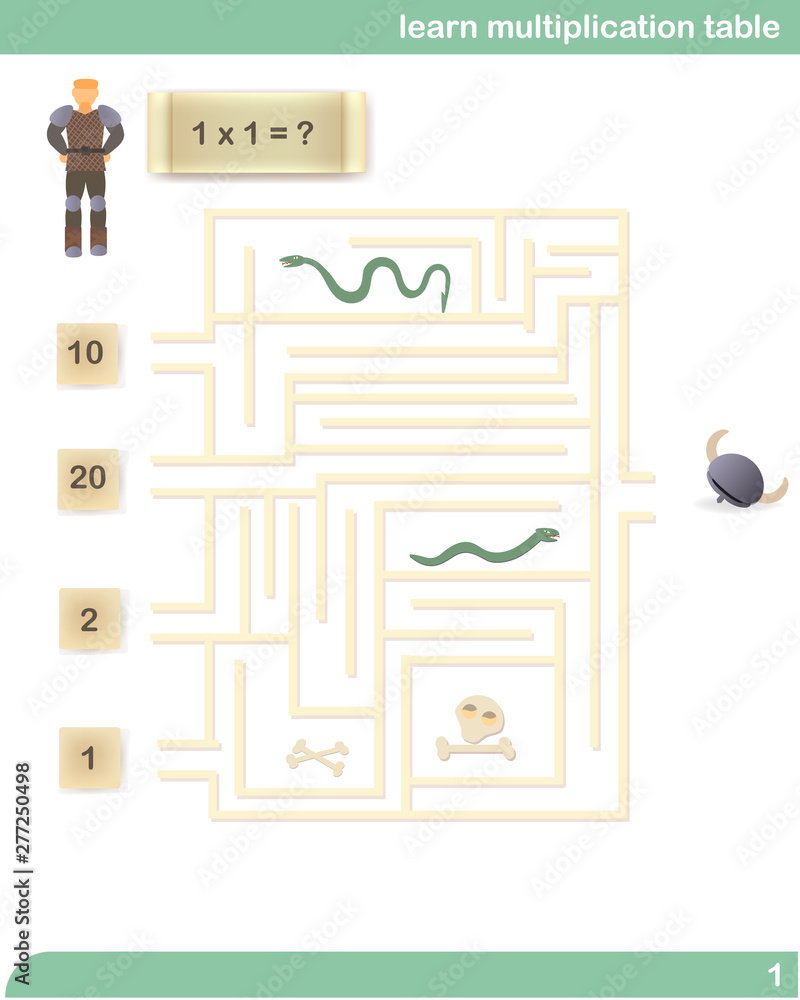 Learn multiplication table. Labyrinth. Viking Adventure. Vector ...