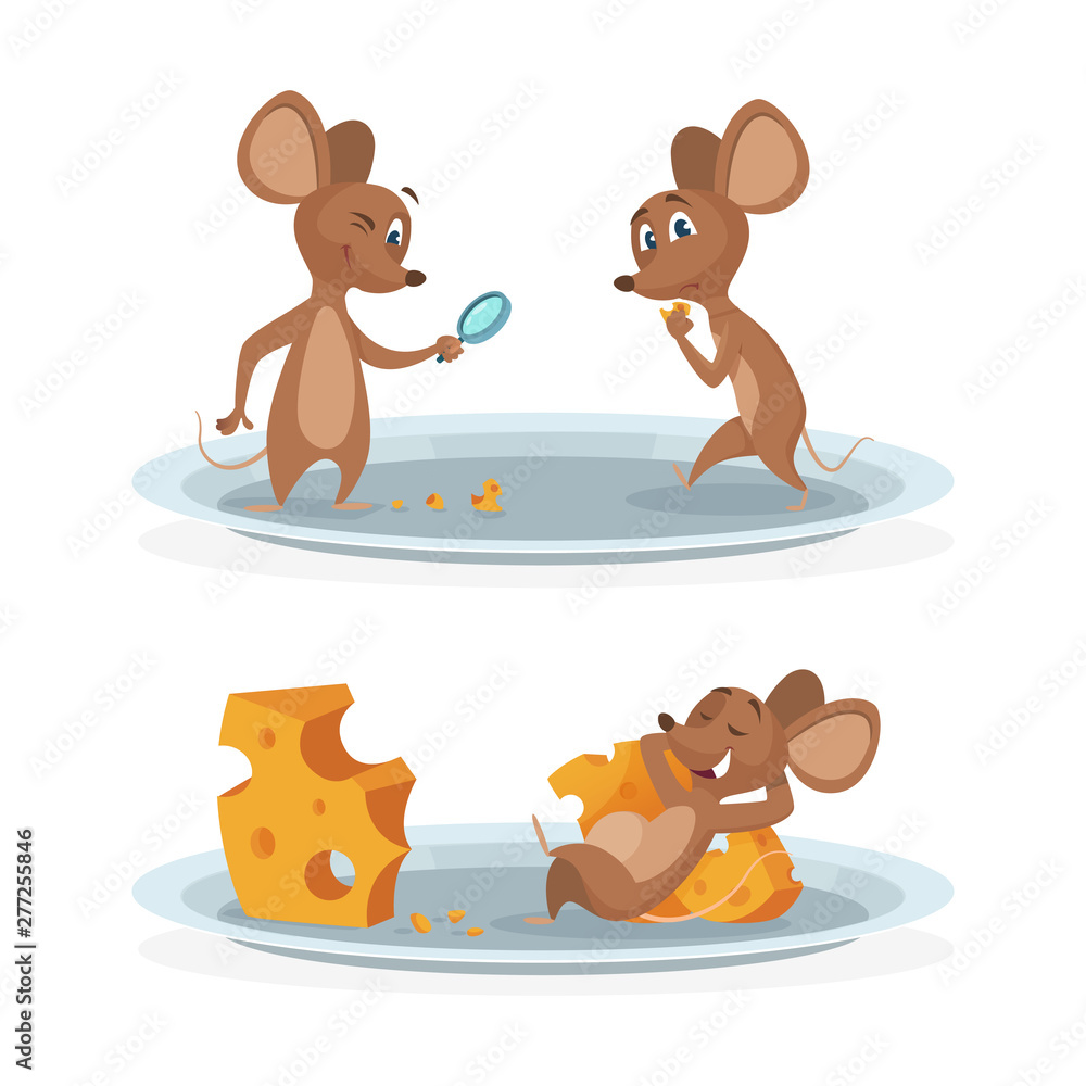 Cartoon mice on cheese plate vector illustration. Mouse with cheese ...