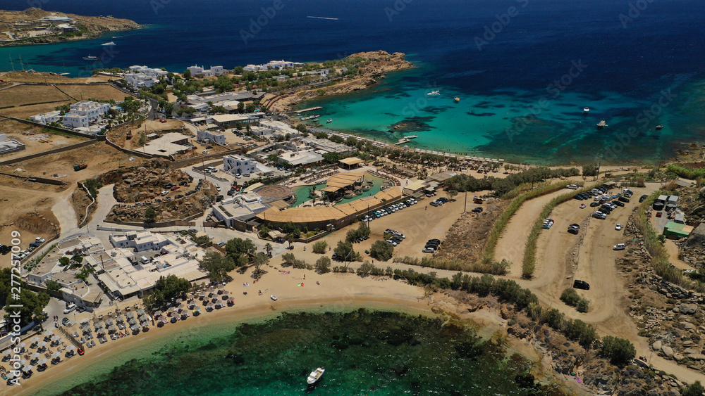 Aerial drone bird's eye view from famous beach of Paraga and Agia Anna ...