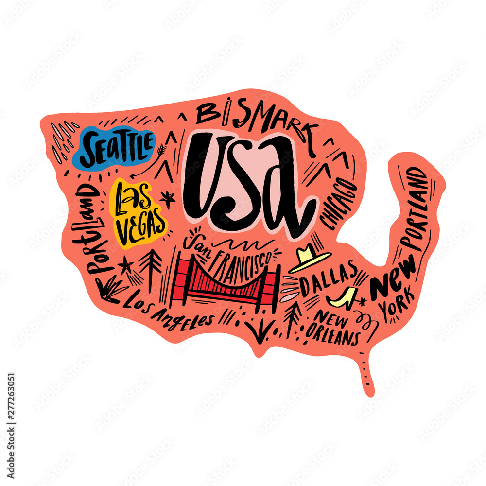 Cartoon map vector illustration. Printable art for textile, souvenirs ...