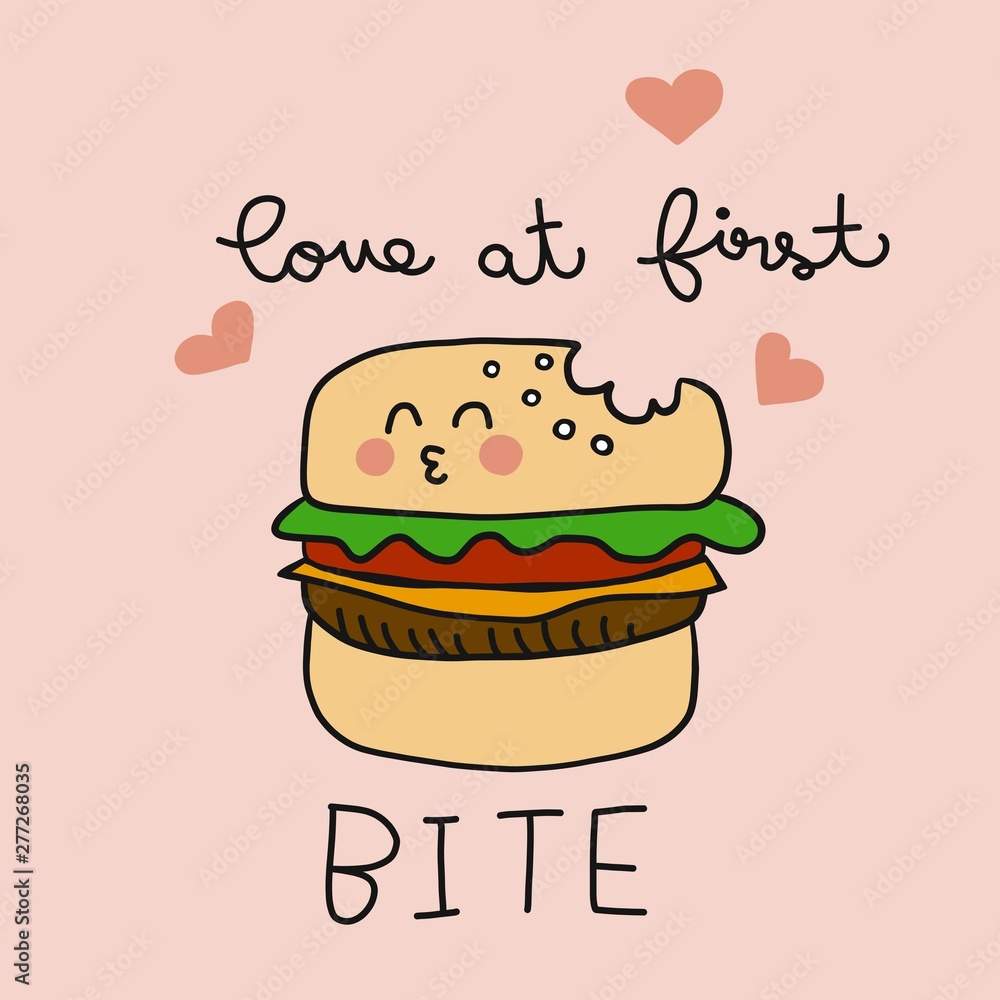 Love at first bite cute burger cartoon vector illustration doodle style ...
