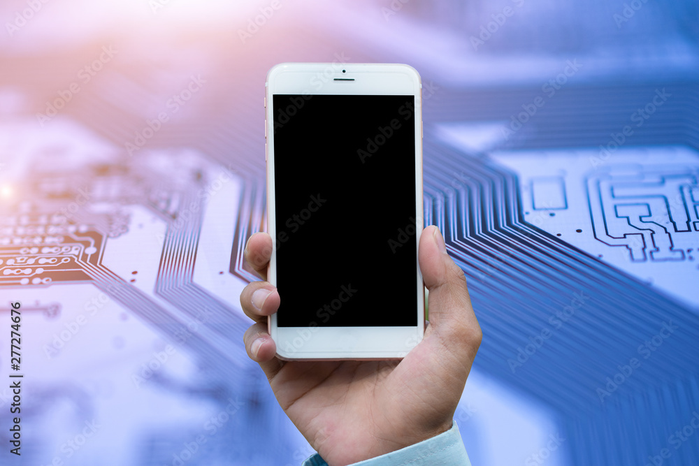 Hand holding mobile smart phone 5G digital technology communication ...