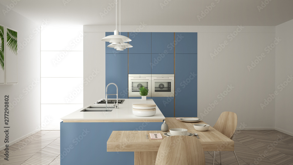 Modern clean contemporary blue kitchen, island and wooden dining table ...