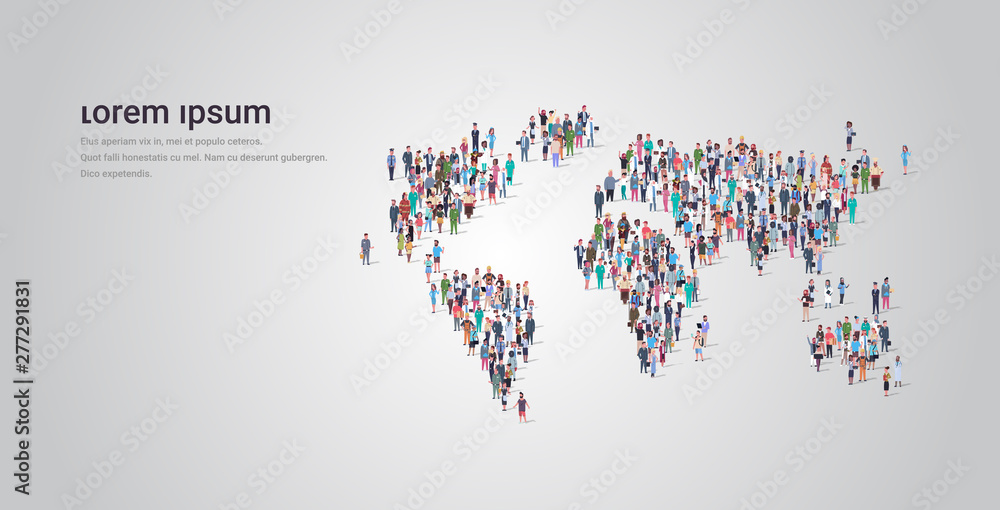 people crowd gathering in world map icon shape social media community ...