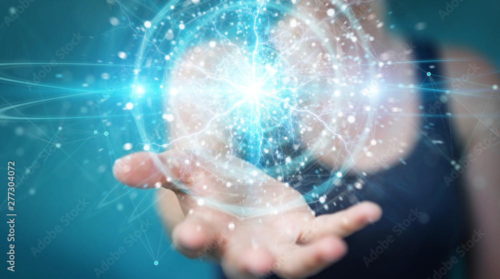 Woman creating renewable and sustainable eco energy with electrical ...