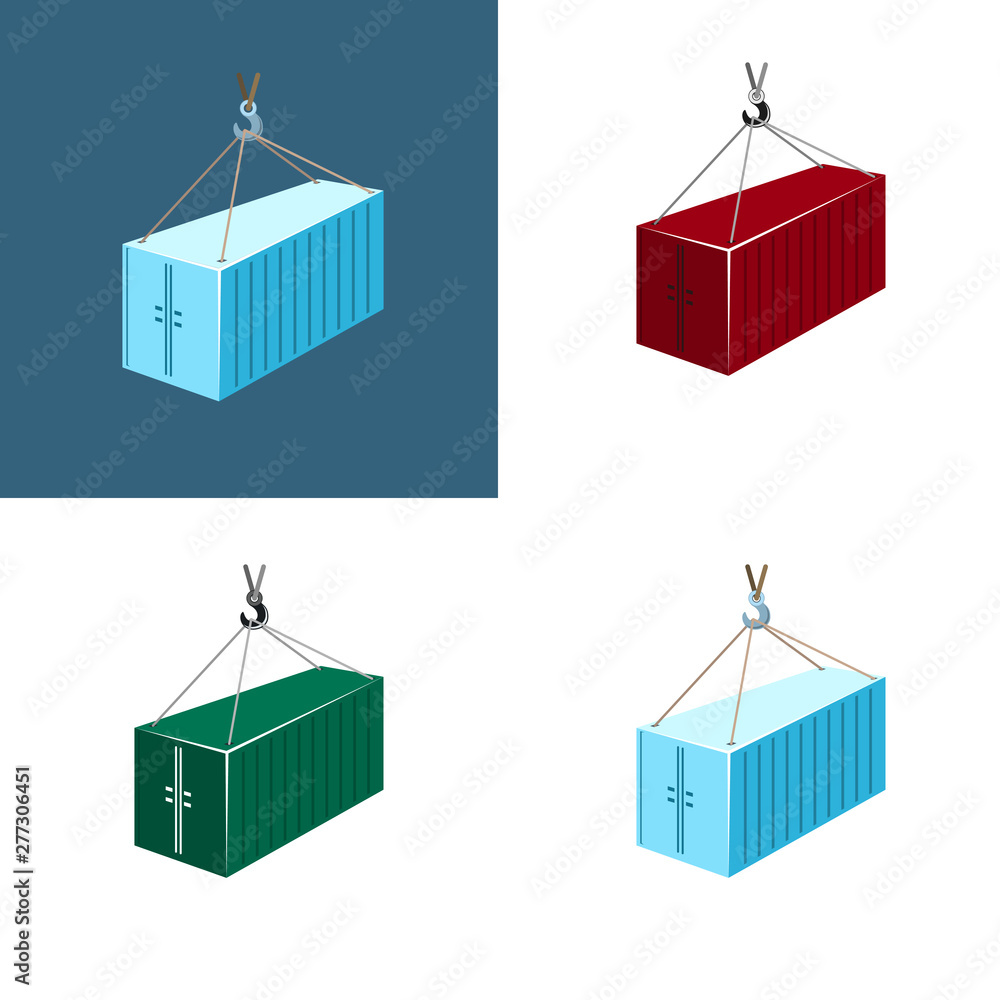 Colorful Container with Crane Isolated on White and Blue, Set of images ...