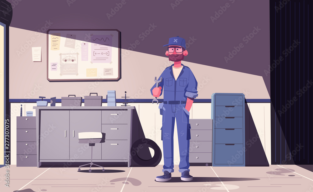 Car repair shop. Cartoon vector illustration. Garage indoor. Mechanic ...