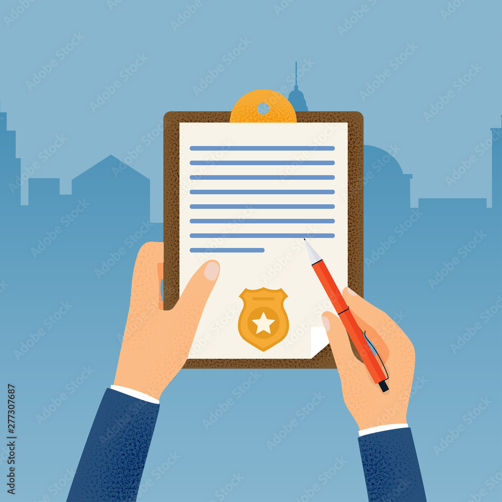 Hand holding clipboard with checklist and pen for police report ...