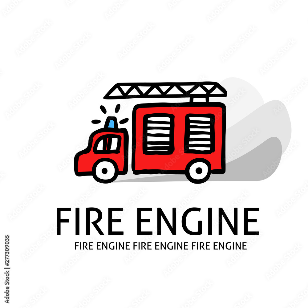 A square vector image of a fire engine. Outline doodle illustration. A ...