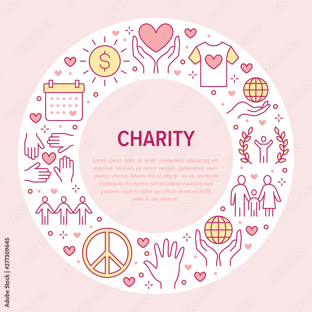Charity vector circle banner with flat line icons. Donation, nonprofit ...