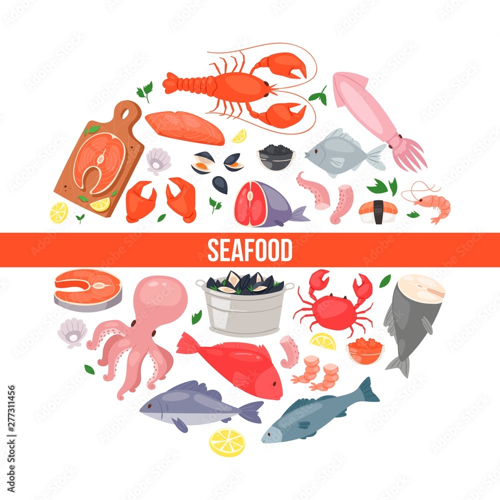 Seafood and fish flat cartoon banner vector illustration. Fish salmon ...